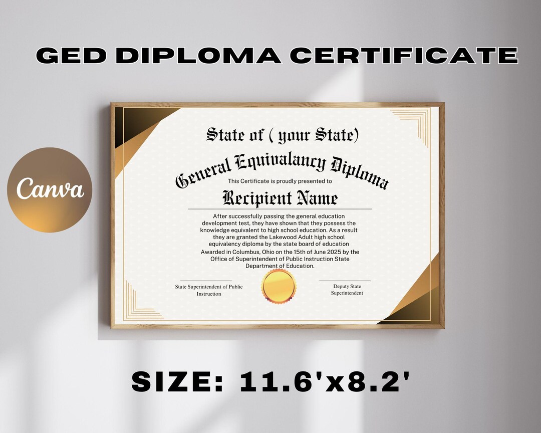 Printable GED Diploma Template, High School Diploma, School Equivalency ...