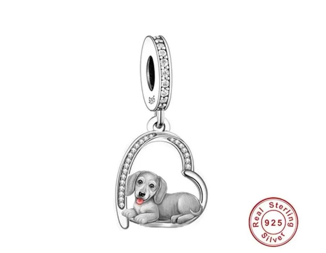 Dachshund Dog Dangle Charm , Genuine Sterling Silver & CZ, Charm for ...