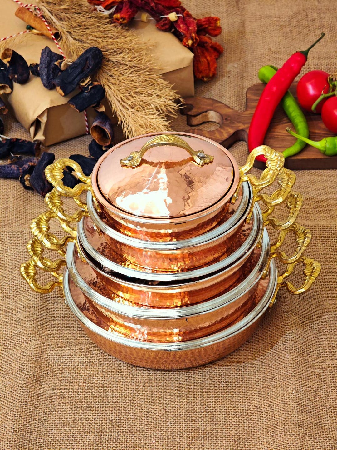 Handmade Turkish Copper Pan Set With Lids: Forged Copper Skillet ...