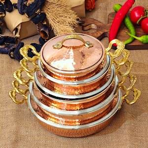 Handmade Turkish Copper Pan Set With Lids: Forged Copper Skillet ...