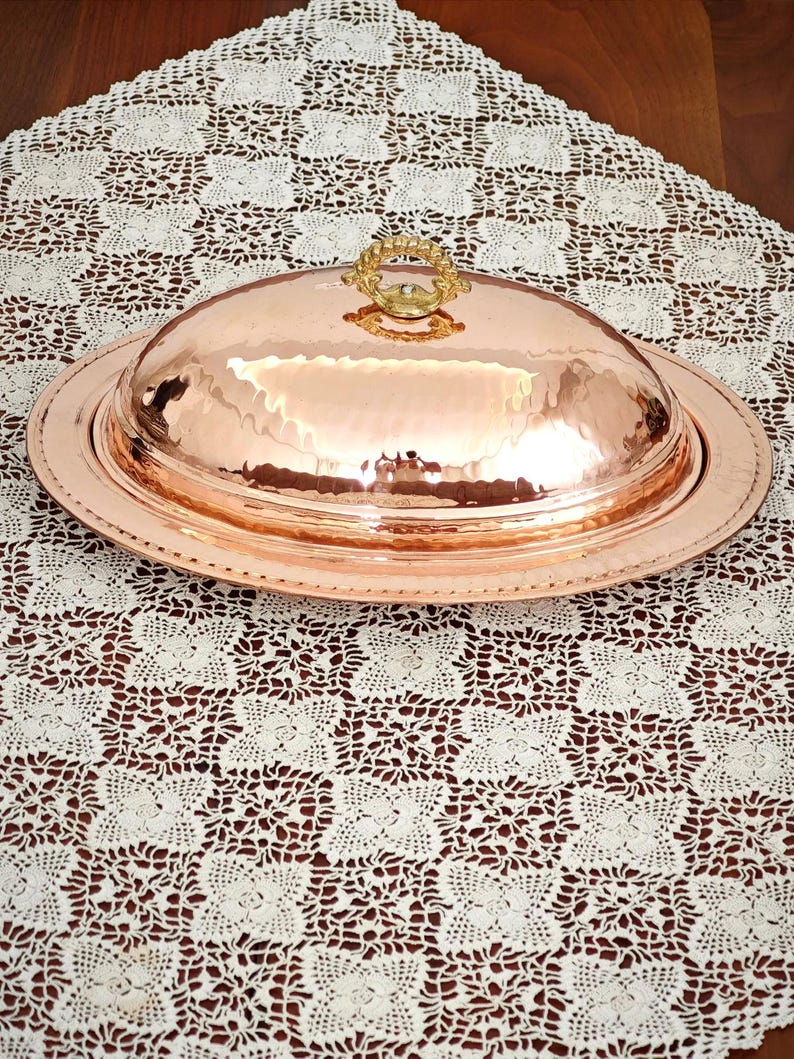 Handmade Copper Serving Plate With Lid,hammered Copper Oval Tray - Etsy