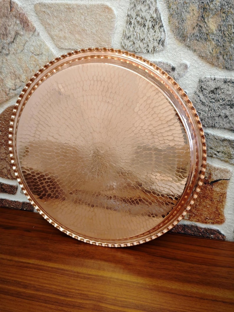 Hand Hammered Solid Copper Large Round Tray, Copper Beverage Serving ...