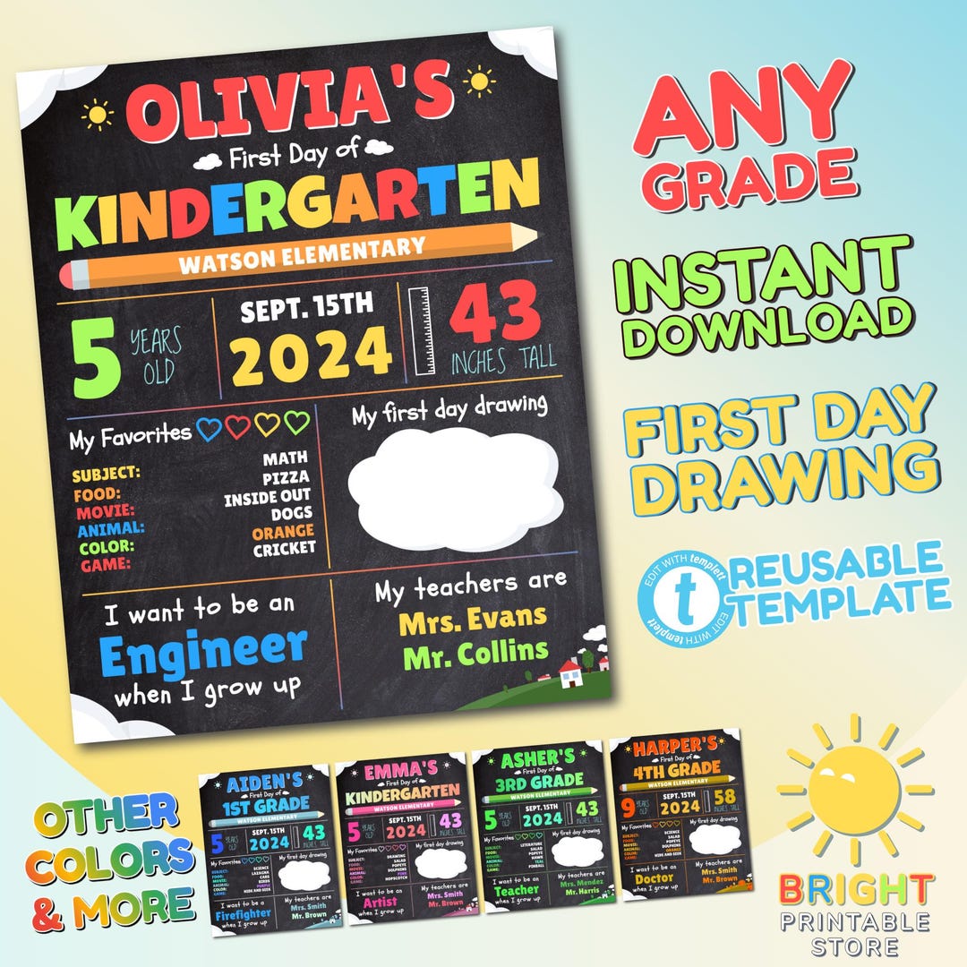 Editable Colorful First Day of School Sign Personalized Chalkboard Back ...