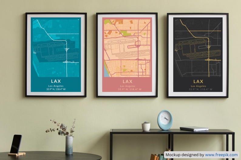 Set of 3 Minimalist LAX Airport Map Wall Art Los Angeles Digital ...