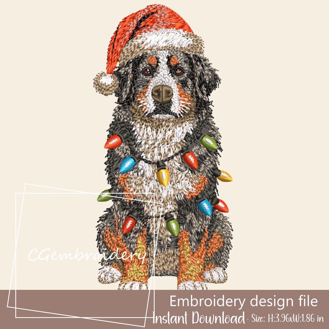 Christmas Bernese Mountain Dog Embroidery Design, Christmas Lights ...