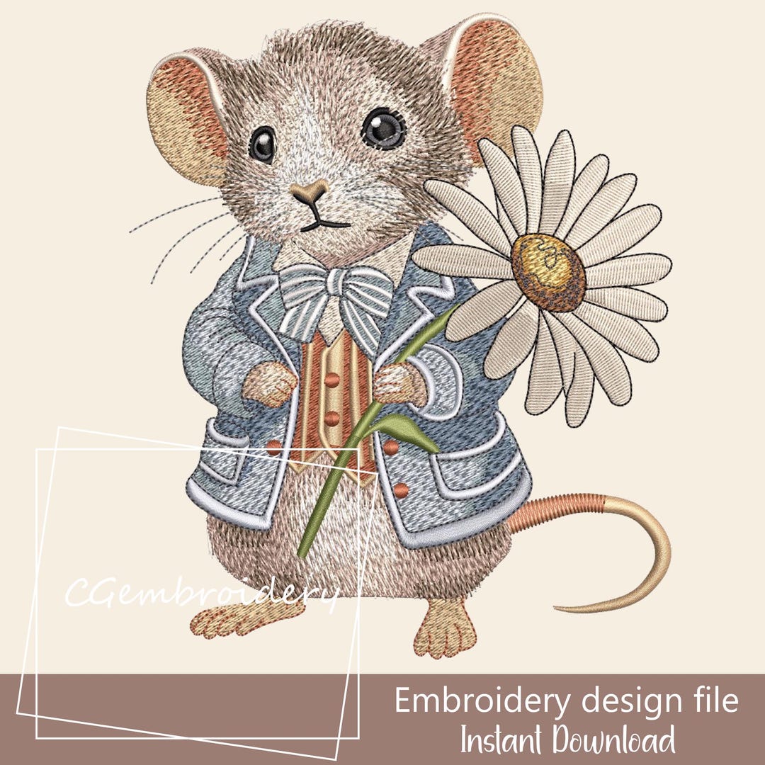 Spring Mouse Embroidery File, Cute Mouse Daisy Flower Embroidery File ...