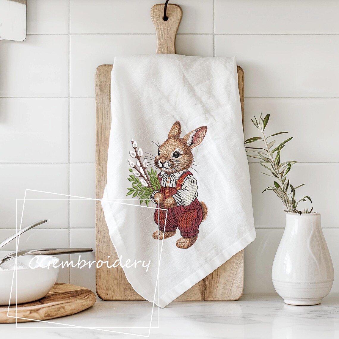 Spring Rabbit Embroidery File, Easter Rabbit & Willow Embroidery File ...