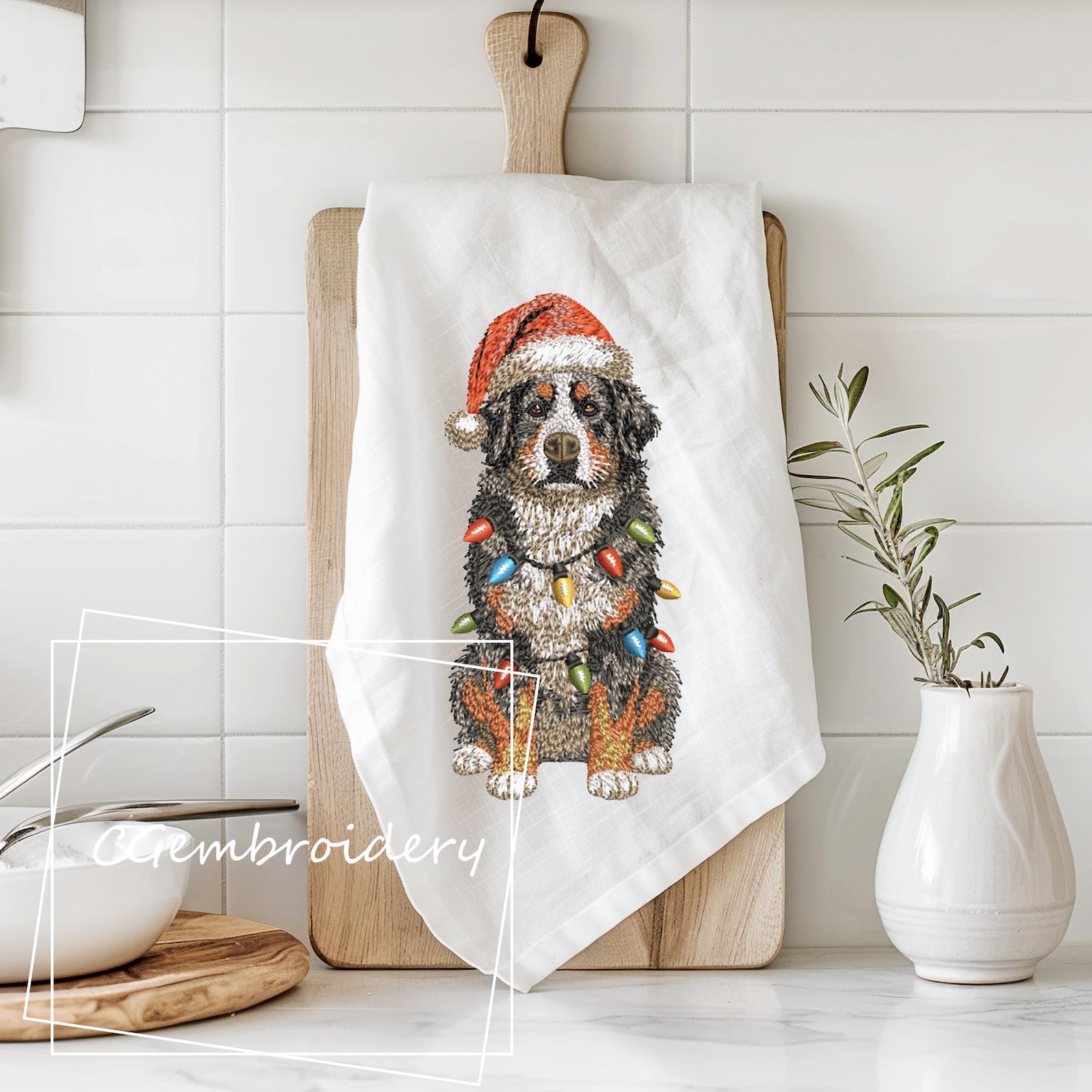 Christmas Bernese Mountain Dog Embroidery Design, Christmas Lights ...