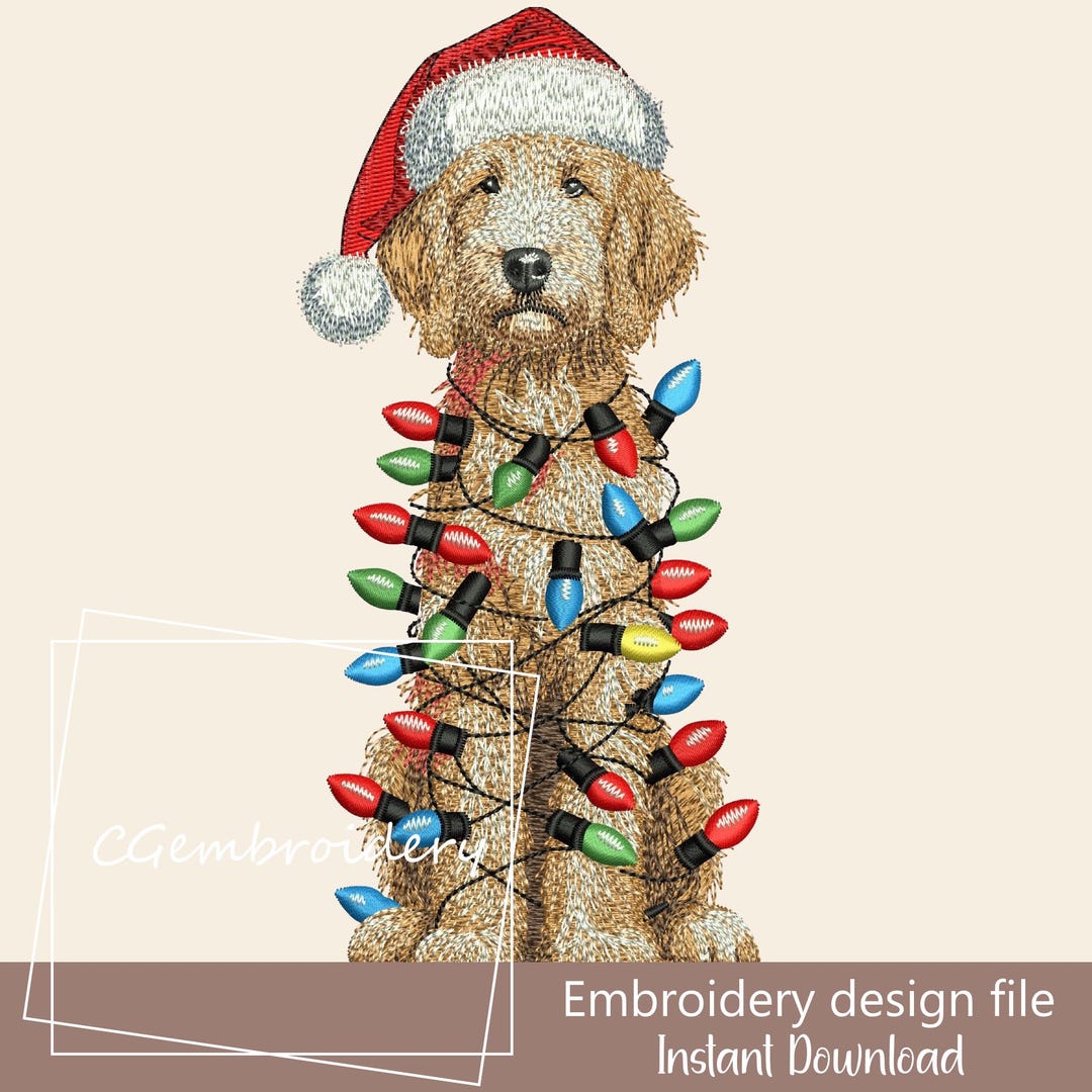 Christmas Goldendoodle Embroidery Design, Christmas Lights Santa Golden ...