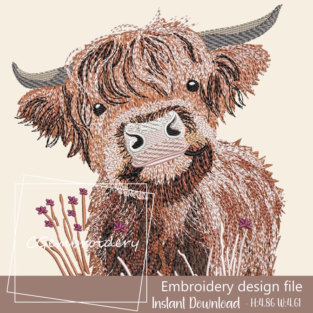 Funny Highland Cow Embroidery File, Farm Animals Embroidery File ...
