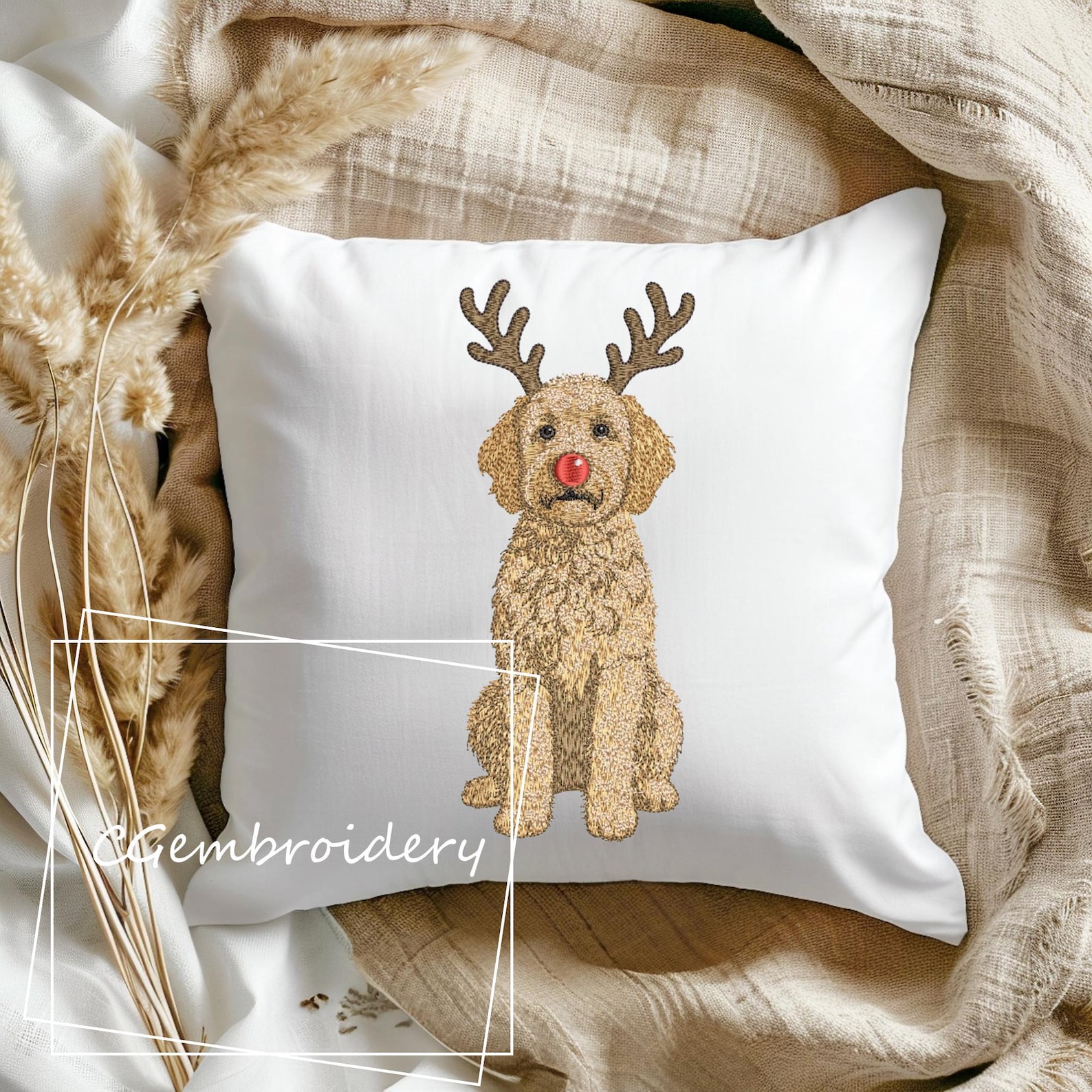 Christmas Goldendoodle Embroidery Design, Christmas Reindeer Golden ...