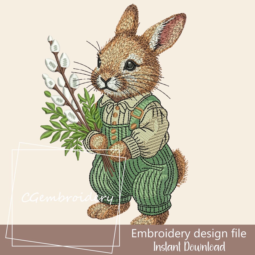 Spring Rabbit Embroidery File, Easter Rabbit & Willow Embroidery File ...