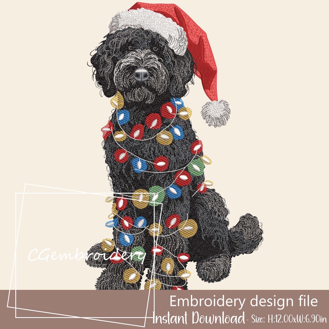 Christmas Goldendoodle Embroidery Design, Christmas Lights Santa Black ...