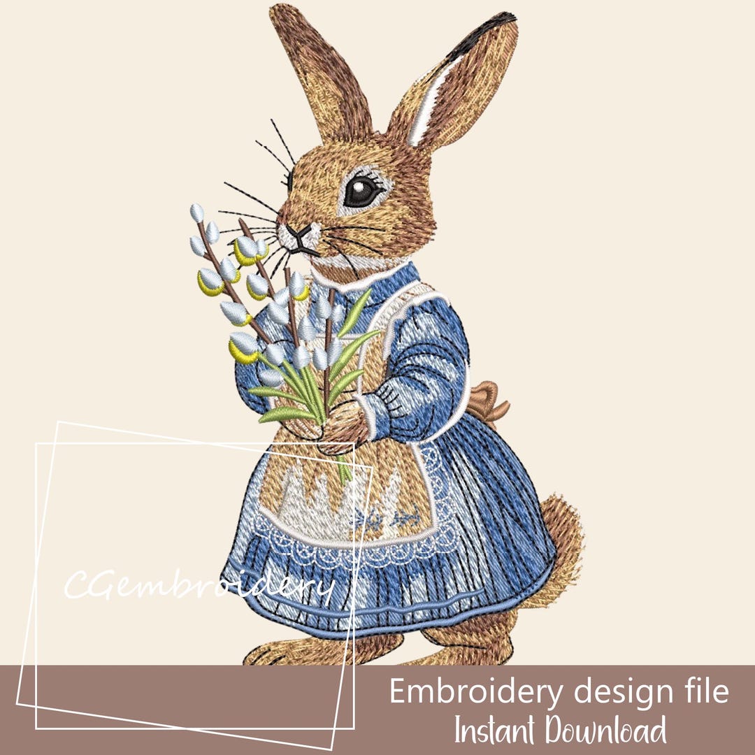 Spring Rabbit Girl Embroidery File, Easter Rabbit & Willow Embroidery ...