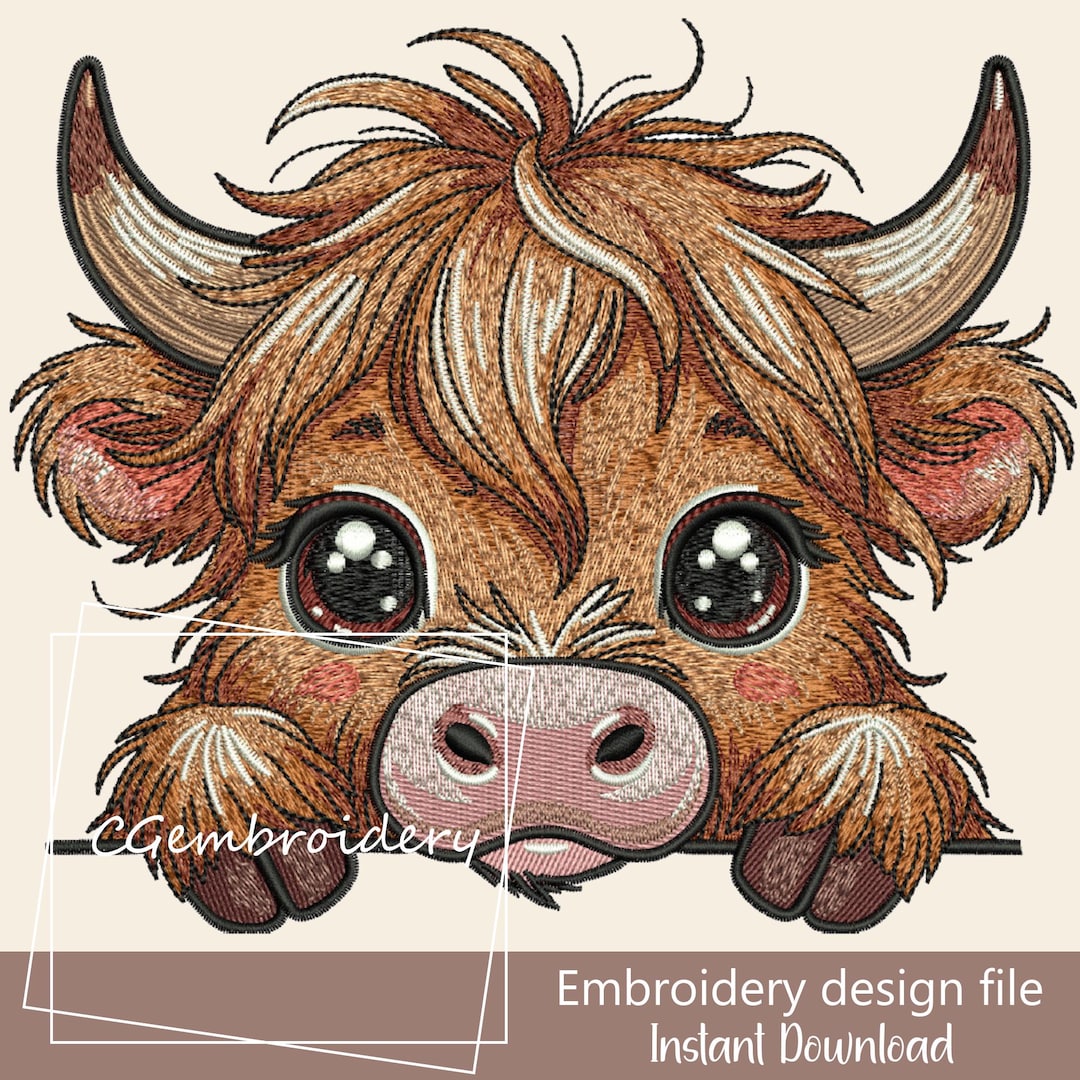 Baby Highland Cow Embroidery File, Farm Animals Embroidery File, Cute ...