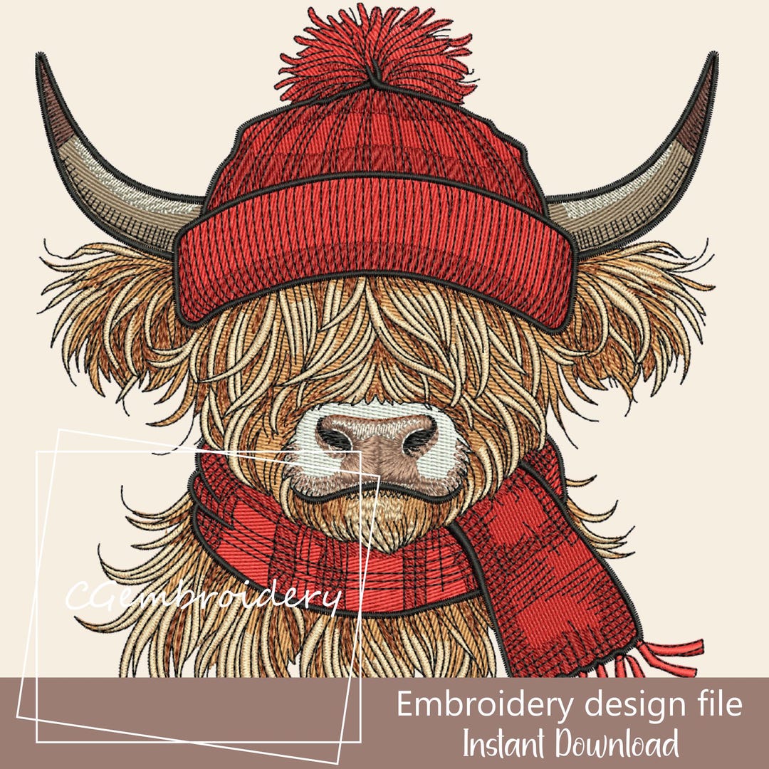 Winter Highland Cow Embroidery File, Farm Animals Embroidery File, Cute ...