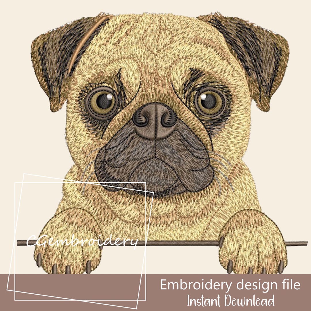 Pug Dog Embroidery Design, Cute Pug Dog Embroidery File, Pug Dog Lover ...
