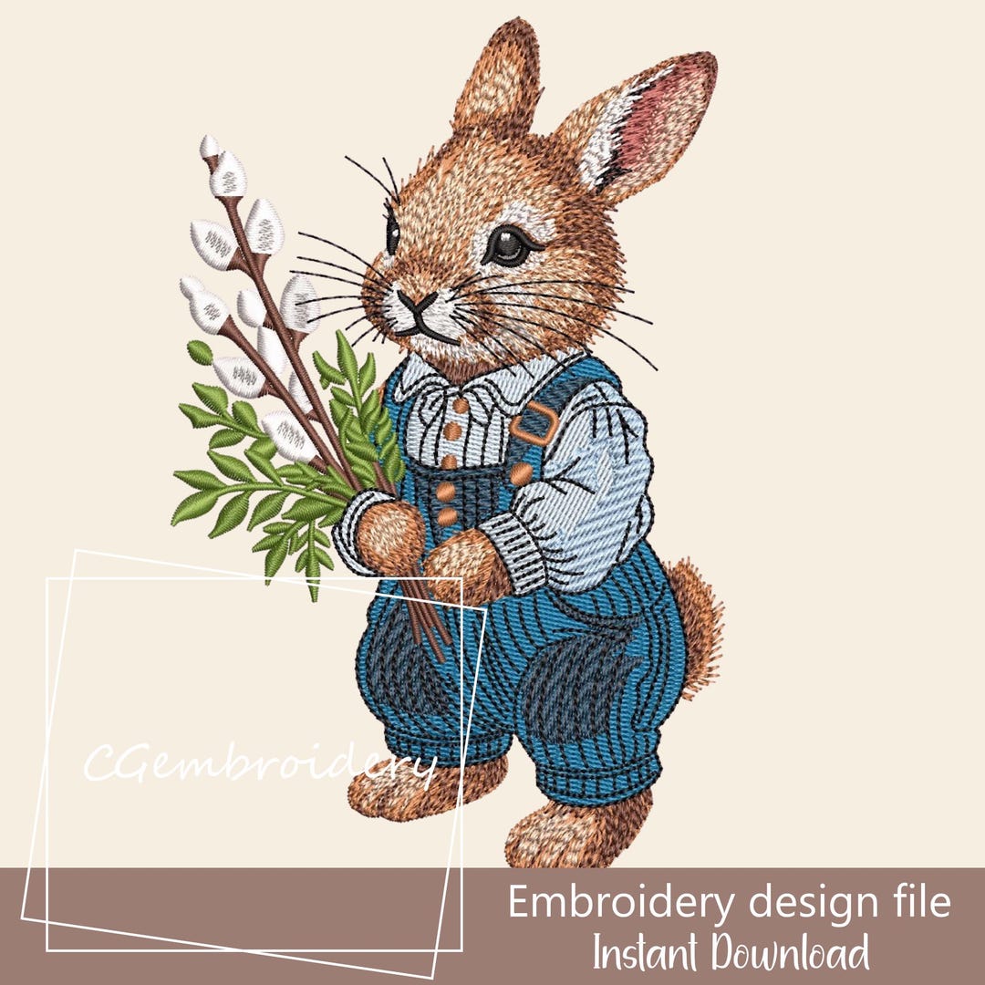 Spring Rabbit Embroidery File, Easter Rabbit & Willow Embroidery File ...