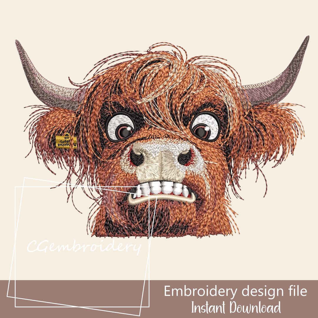 Funny Angry Highland Cow Embroidery File, Farm Animals Embroidery File ...