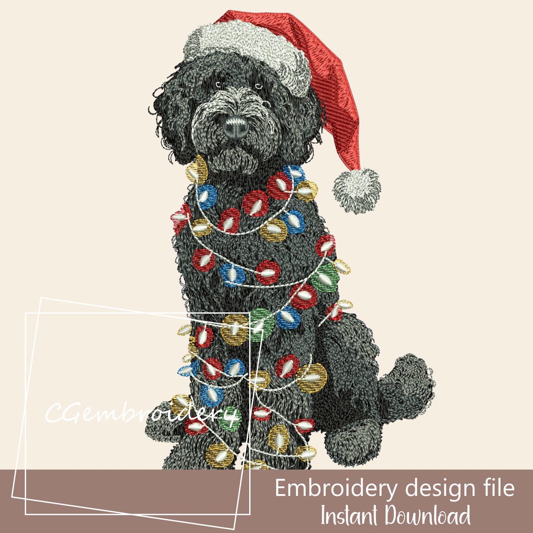 Christmas Goldendoodle Embroidery Design, Christmas Lights Santa Black ...