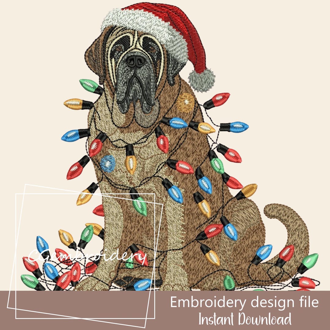 Christmas Mastiff Dog Embroidery Design, Christmas Lights Santa Mastiff ...