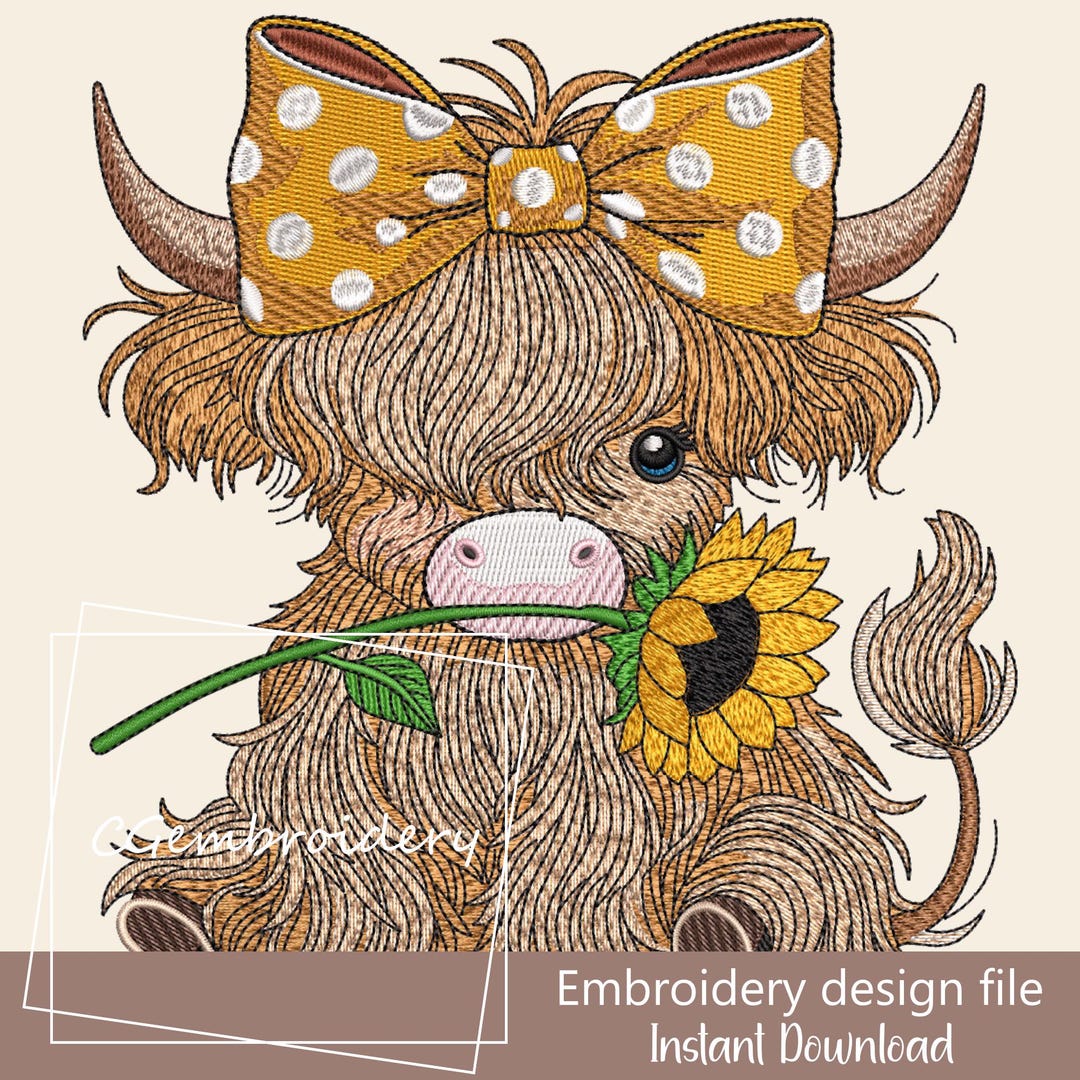 Sunflowers Highland Cow Embroidery File, Farm Animals Embroidery ...