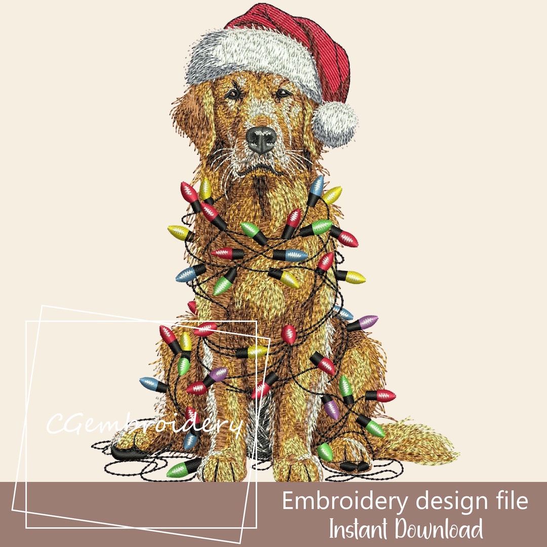 Christmas Golden Retriever Embroidery Design, Christmas Lights Santa ...