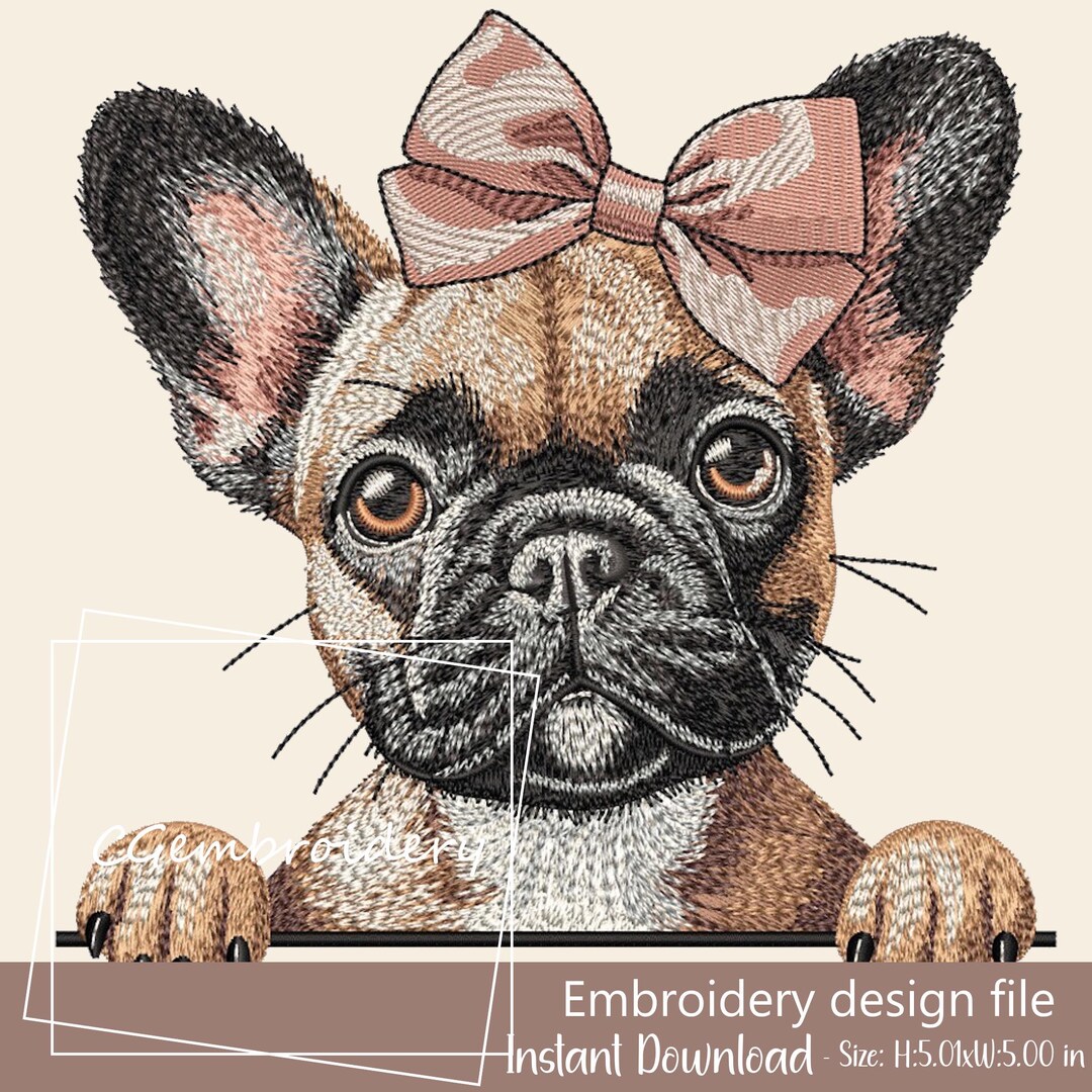French Bulldog Embroidery Design, Peaking Frenchie Girl Dog Embroidery ...