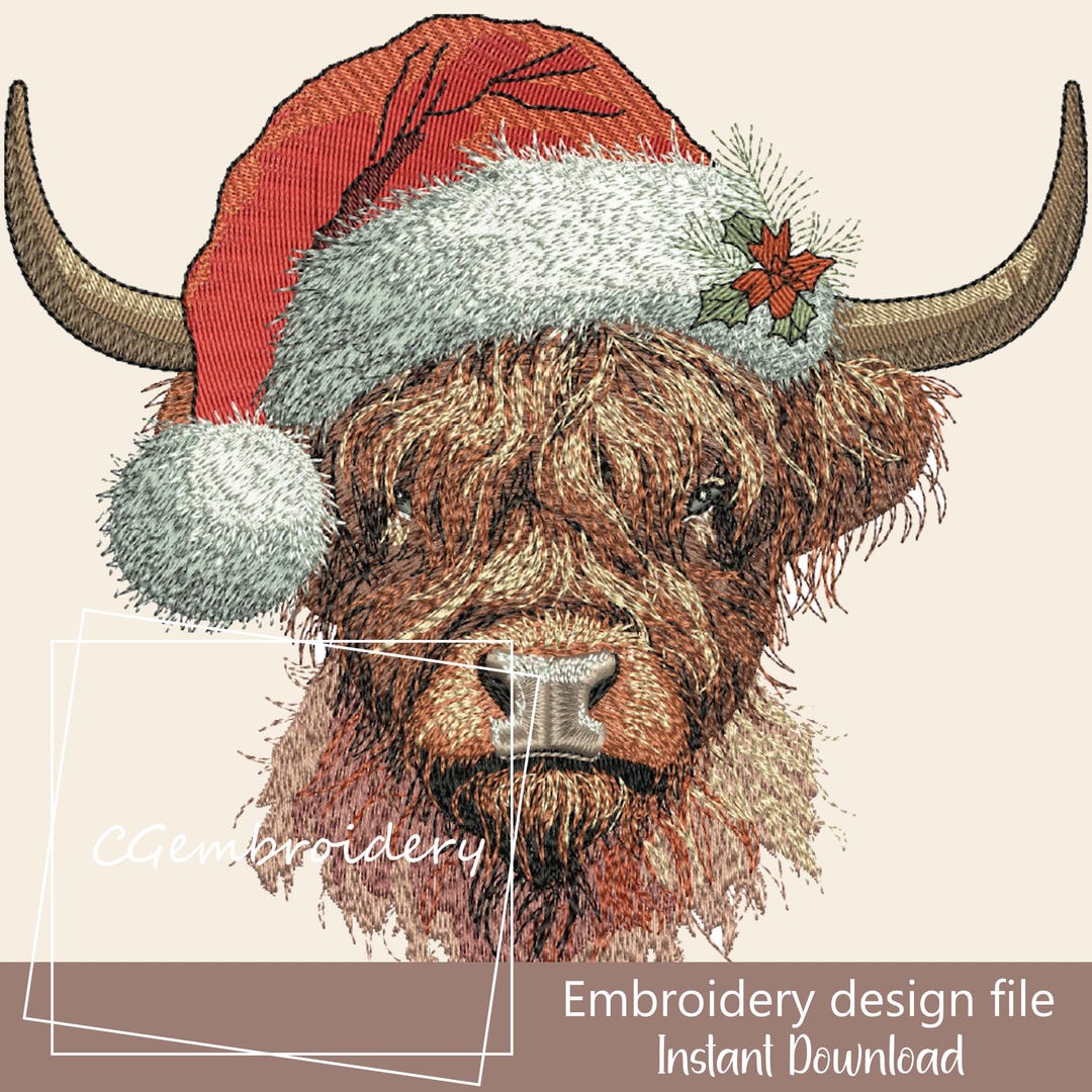 Christmas Highland Cow Embroidery Design, Farm Animal Embroidery File ...