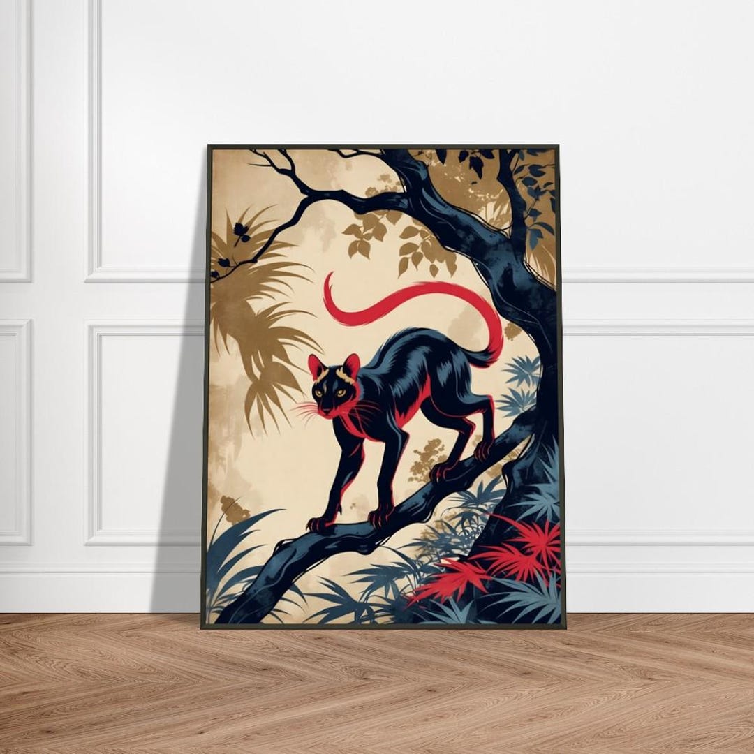 Mythical Red-tailed Panther in Japanese Jungle, Ukiyo-e Style Wildlife ...