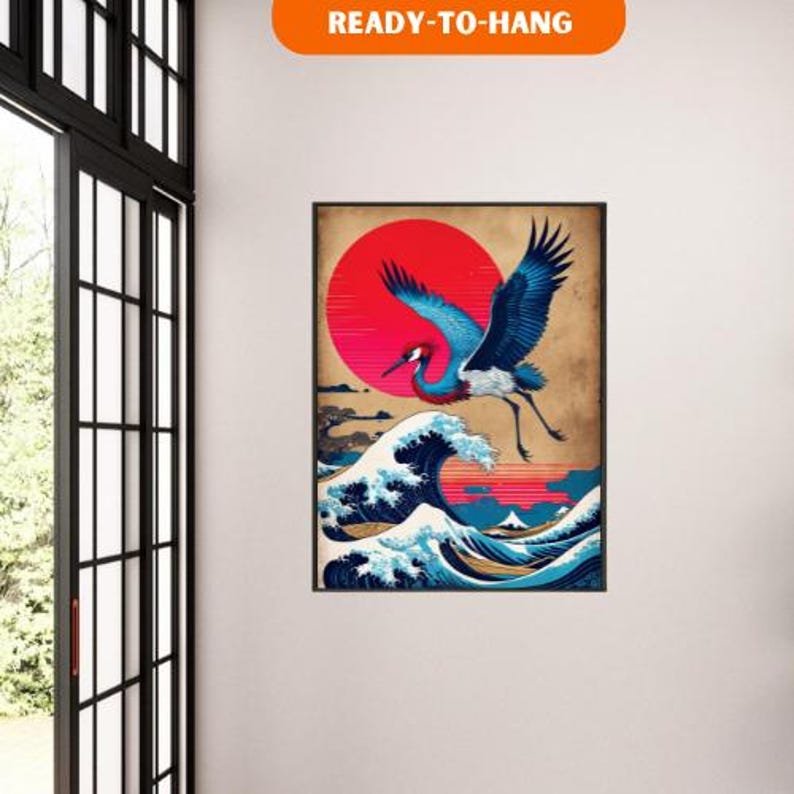 Elegant Crane Over Ocean Waves – Japanese-inspired Metal Framed Art ...