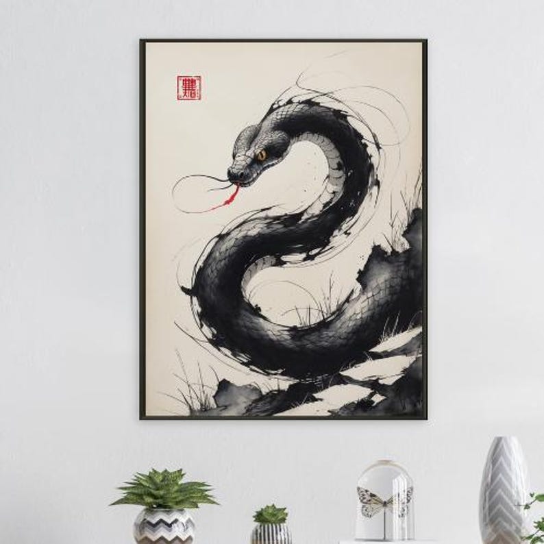 Japanese Sumi-e Snake Art Print – Metal Framed Wall Decor on Museum ...