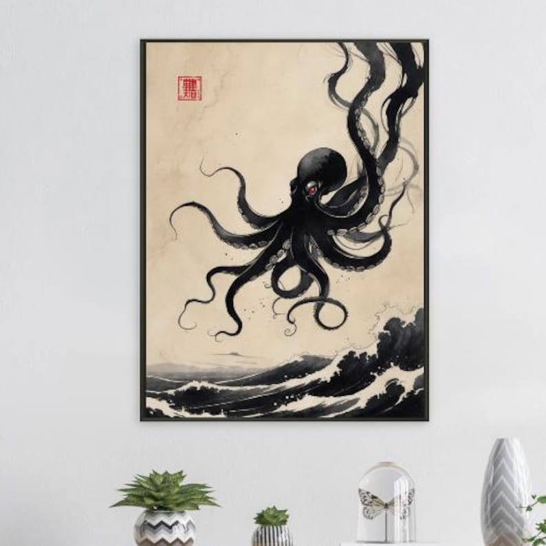 Japanese Sumi-e Octopus Art Print – Metal Framed Wall Decor on Museum ...