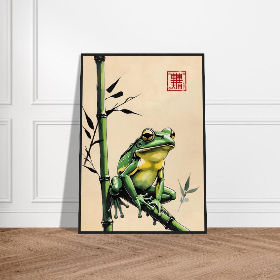 Japanese Frog Art Print – Green Tree Frog on Bamboo, Traditional Asian ...