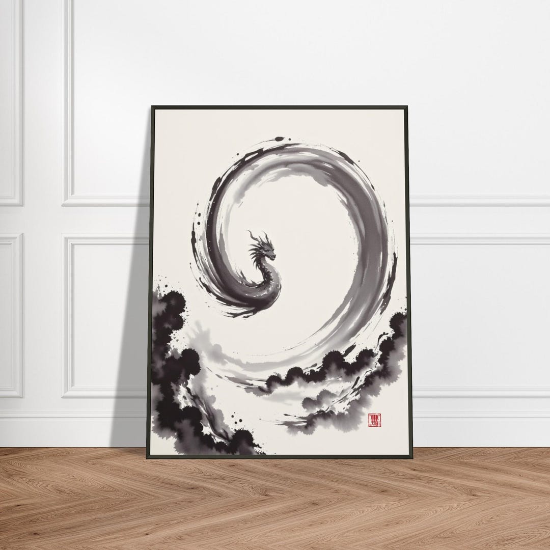 Dragon in Enso Ink Painting – Japanese Sumi-e Style Mythical Art Print ...