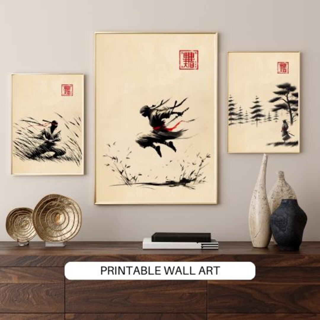 Japanese Ninja Wall Art Set, Printable Ninja Ink Art, Custom Sizes ...