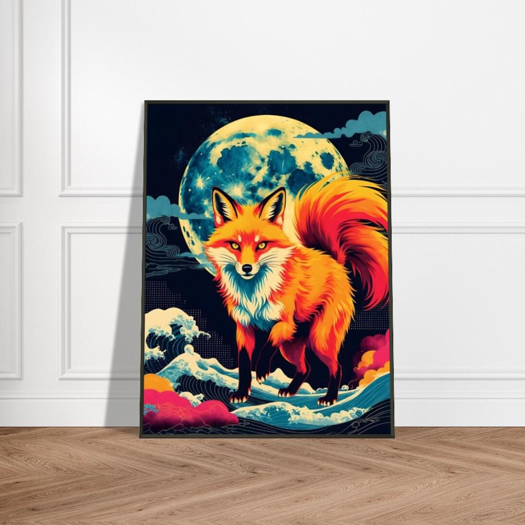 Mystical Fox Under Full Moon – Japanese Ukiyo-e Style Metal Framed Art ...