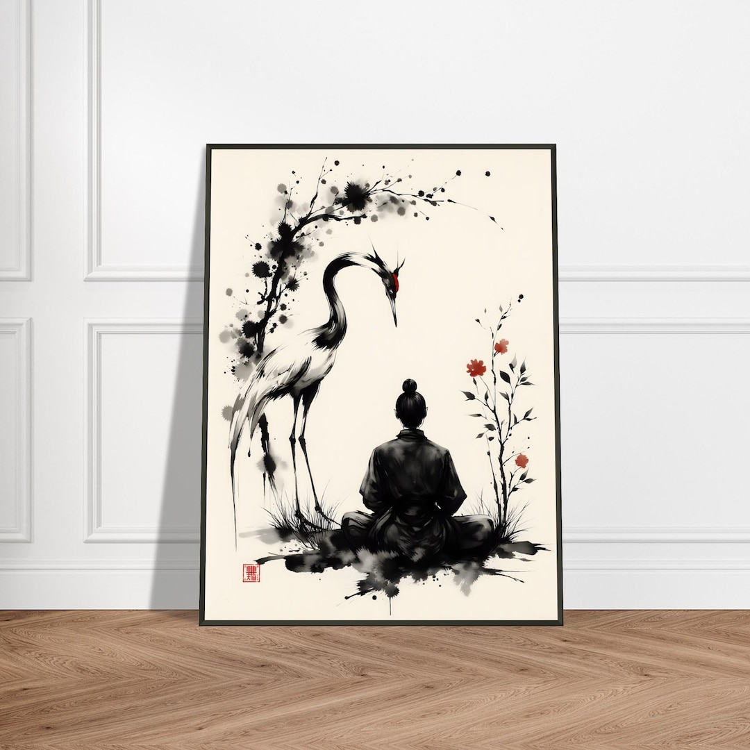 Crane and Monk Wall Art – Japanese Ink Style Meditation Scene With Red ...