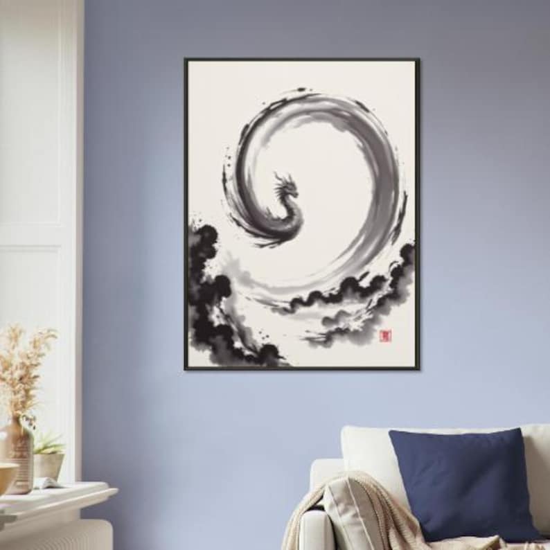 Dragon in Enso Ink Painting – Japanese Sumi-e Style Mythical Art Print ...