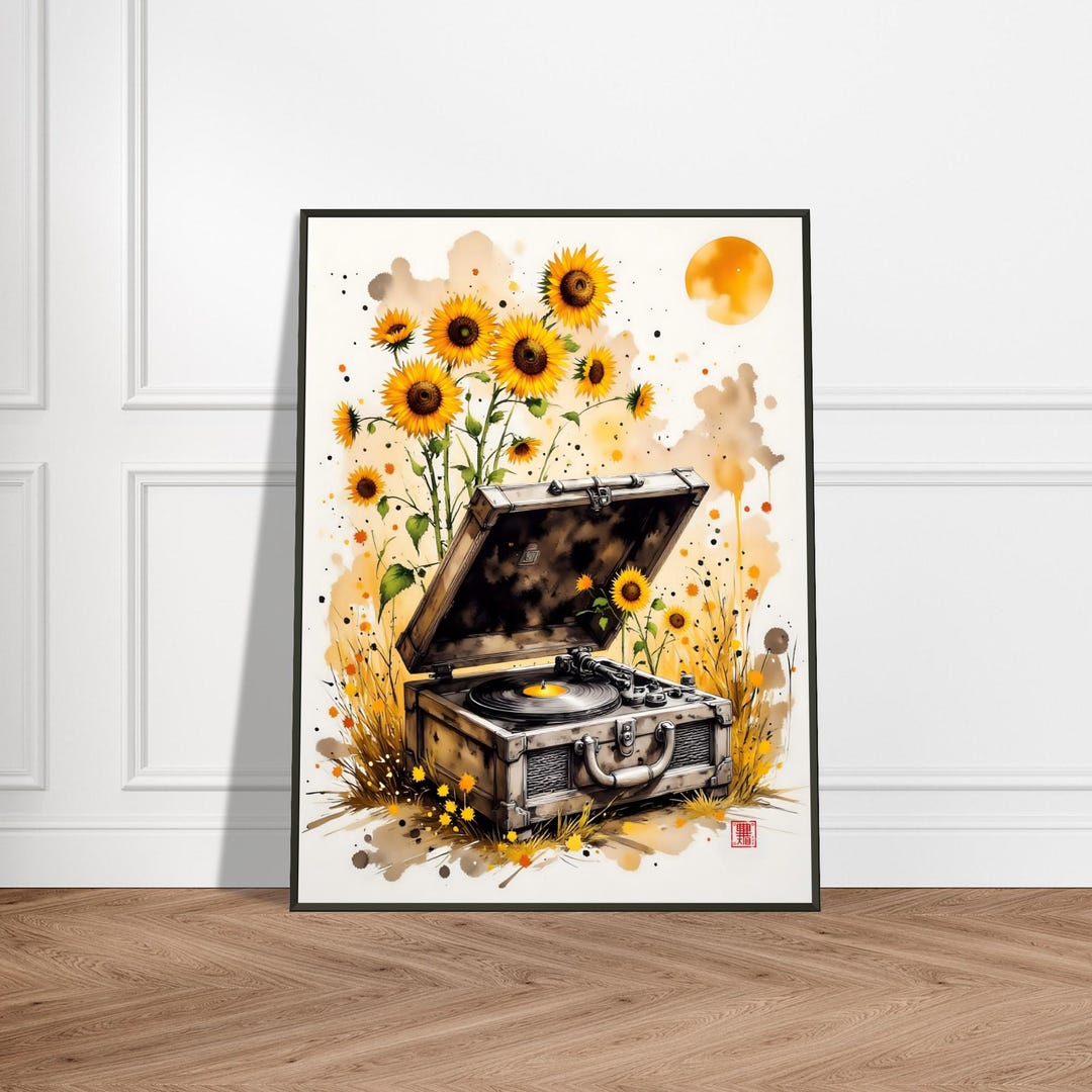 Sunflower Record Player Art Print – Japanese Watercolor Music ...
