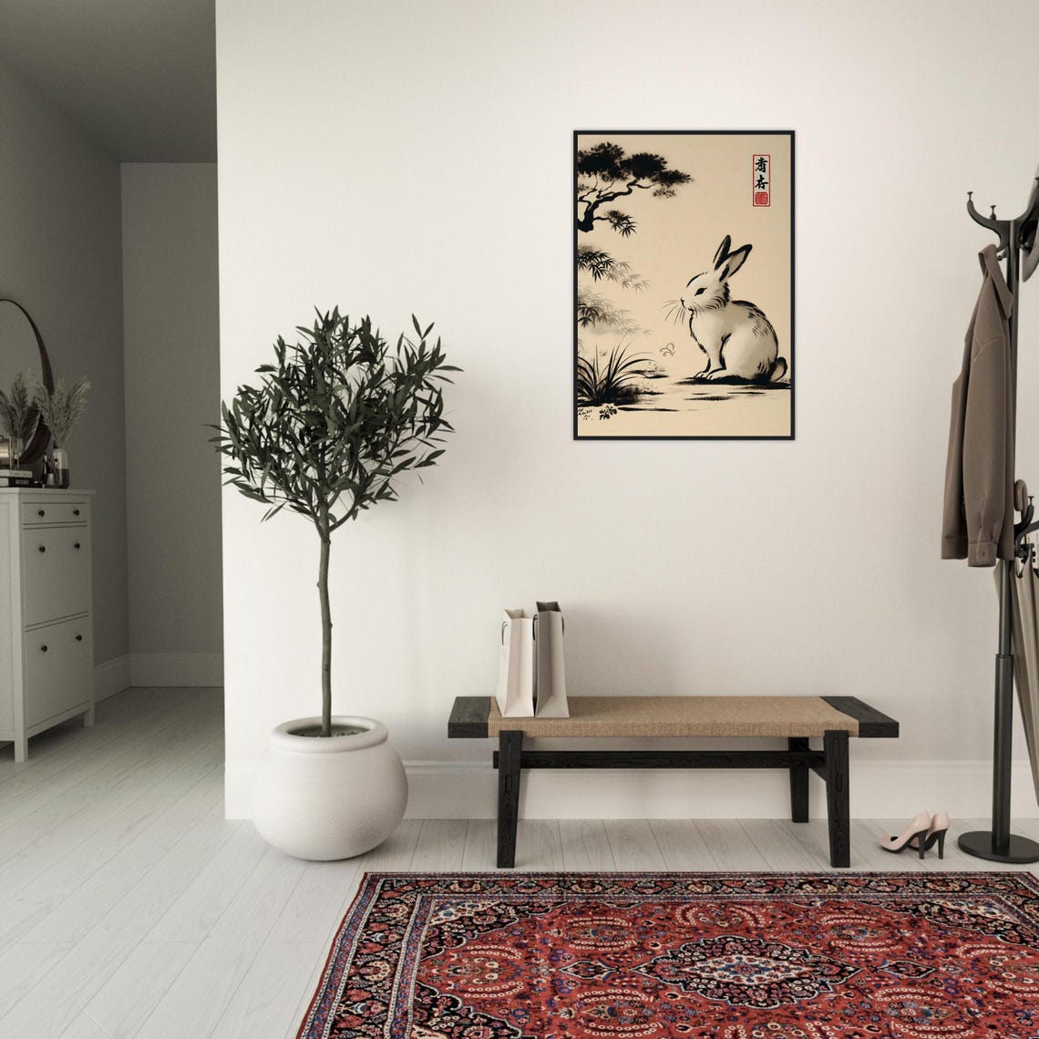 Japanese Rabbit in Nature Art Poster – Minimalist Bunny Wall Decor ...