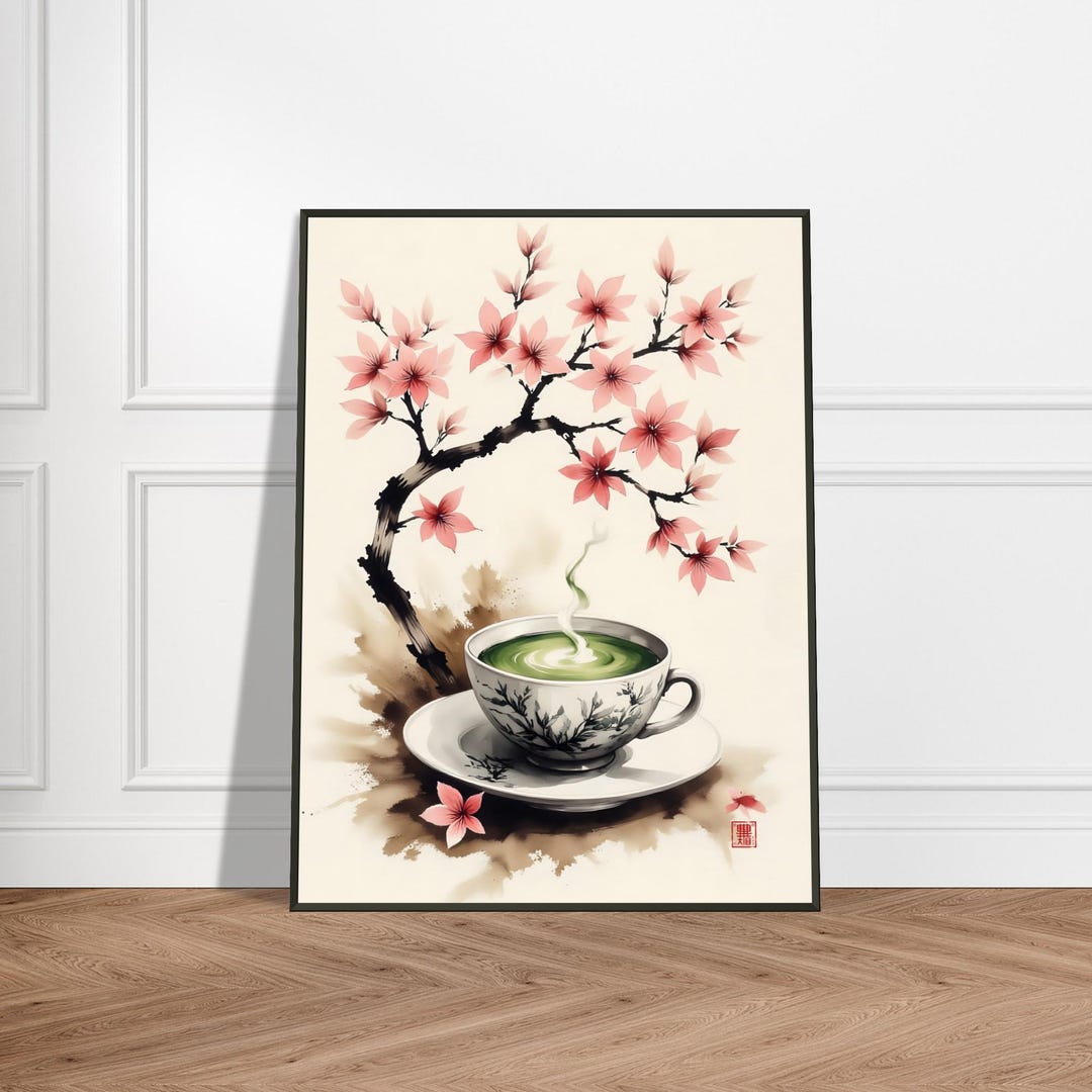 Matcha Tea Wall Art – Japanese Ink Style Green Tea With Cherry Blossoms ...