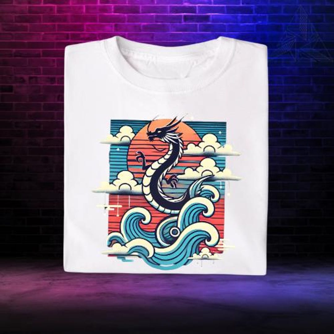 Japanese Dragon With Ocean Waves Retro Sunset Vector Art for Laser ...