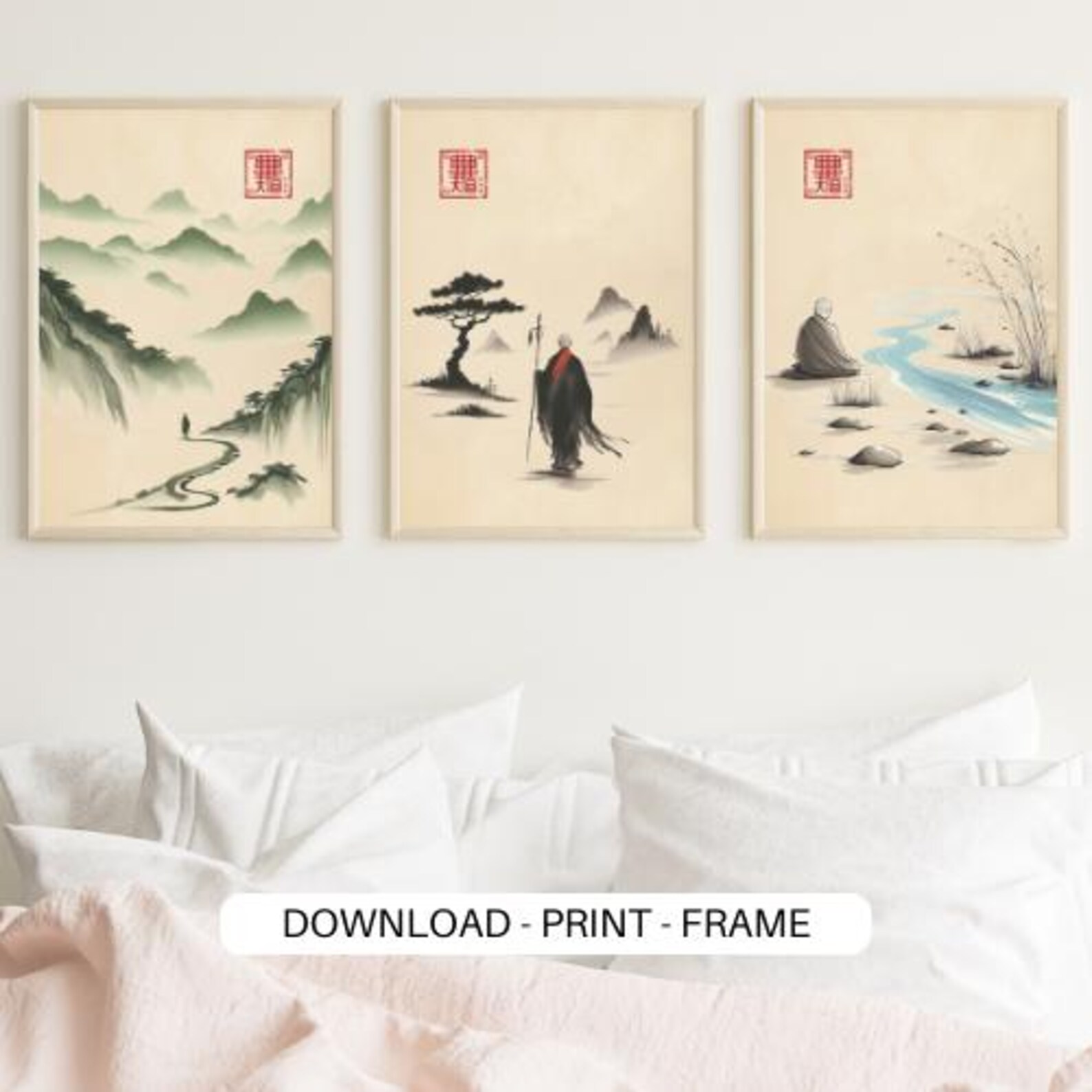 Japanese Monk Wall Art Bundle, Printable Zen Meditation Decor, High ...
