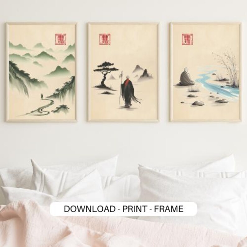 Japanese Monk Wall Art Bundle, Printable Zen Meditation Decor, High ...