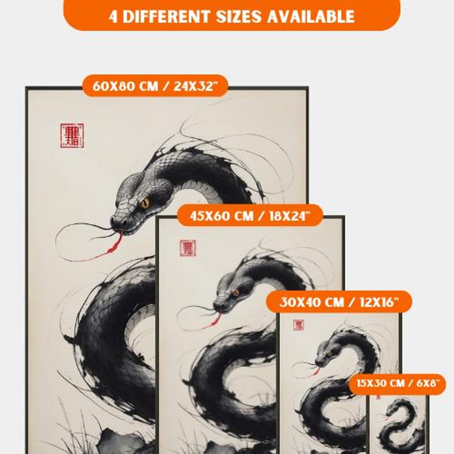 Japanese Sumi-e Snake Art Print – Metal Framed Wall Decor on Museum ...