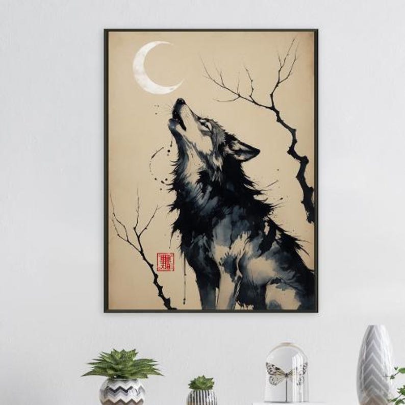 Japanese Sumi-e Wolf Art Print – Metal Framed Wall Decor on Museum ...