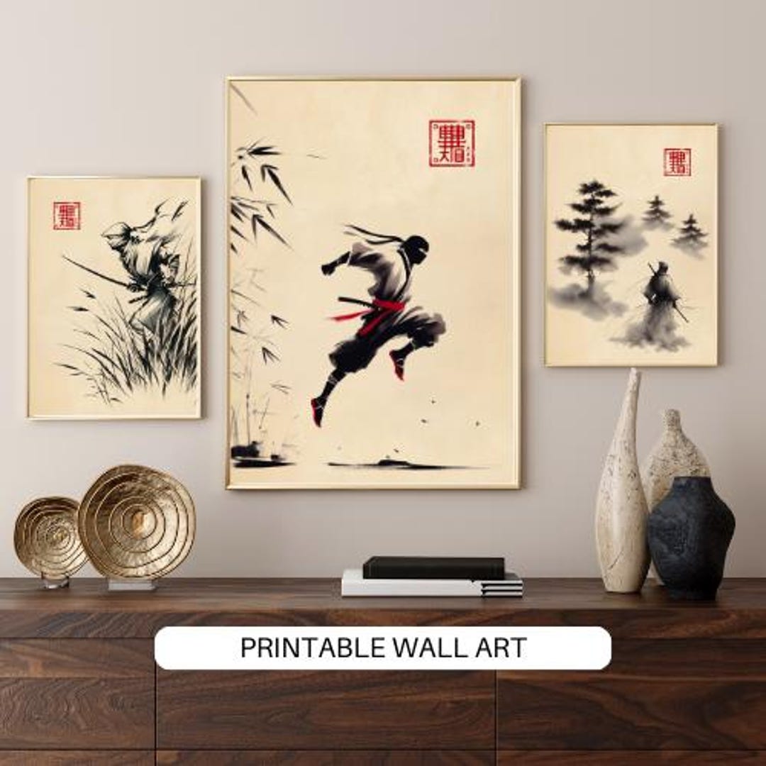 Japanese Ninja Wall Art Set, Printable Ninja Ink Art, Custom Sizes ...