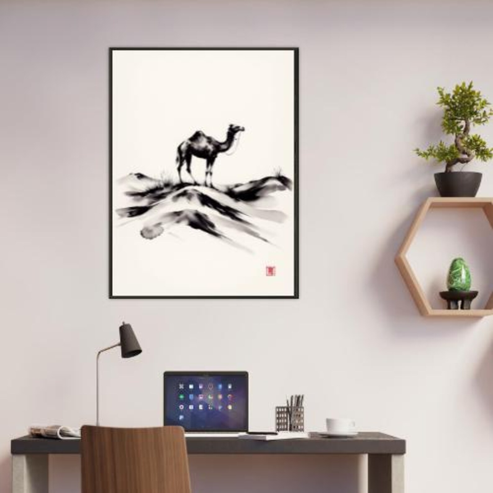 Camel in Desert Ink Painting – Japanese Sumi-e Style Art Print ...