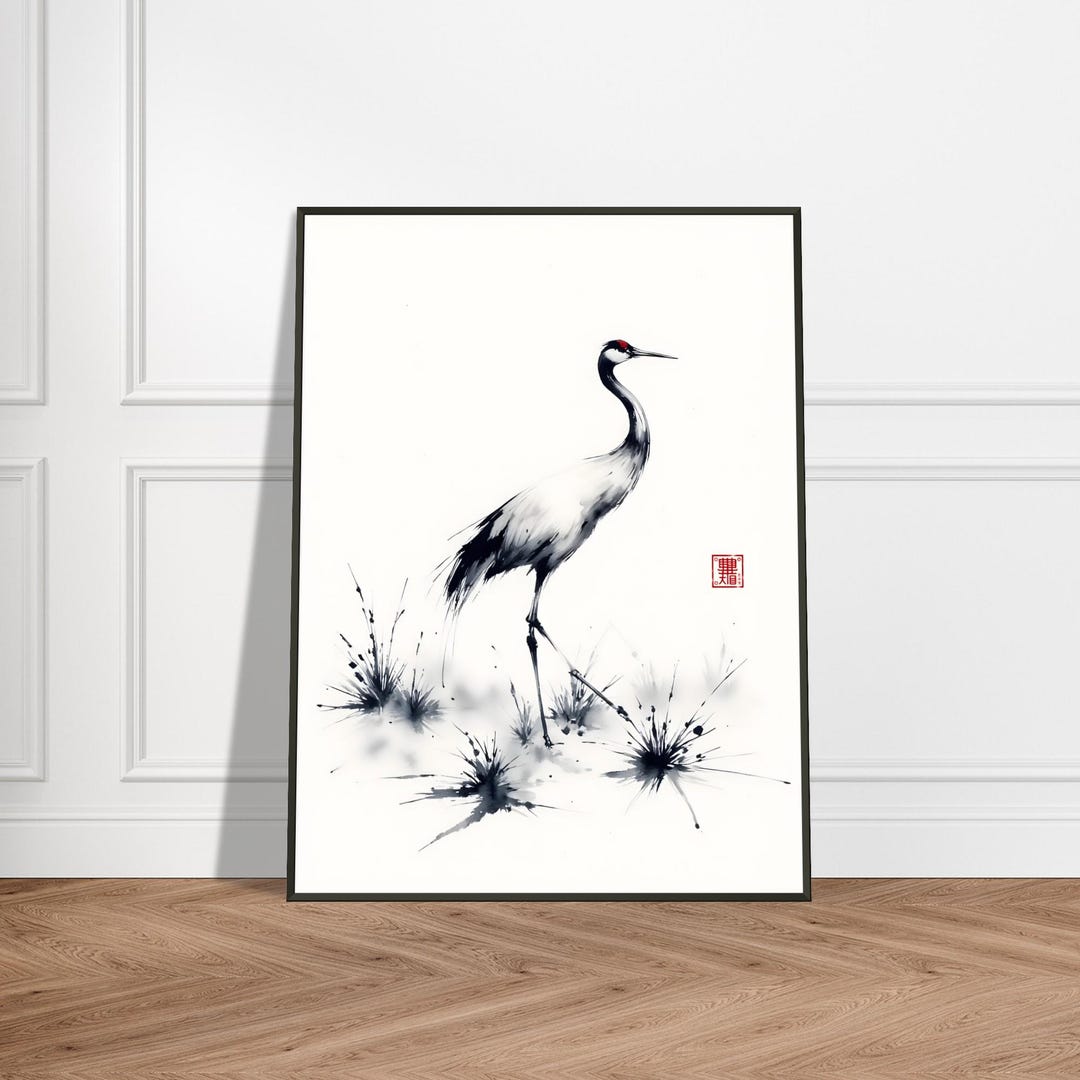 Japanese Ink Painting of Red-crowned Crane Walking Gracefully in ...